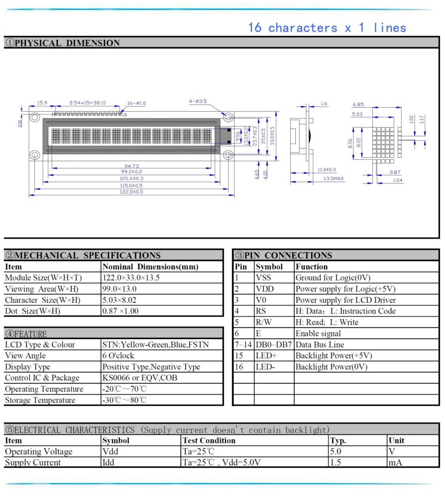 16x1 LCD Display Factory offers 6800, SPI, I2C Character LCDs | Go2Display